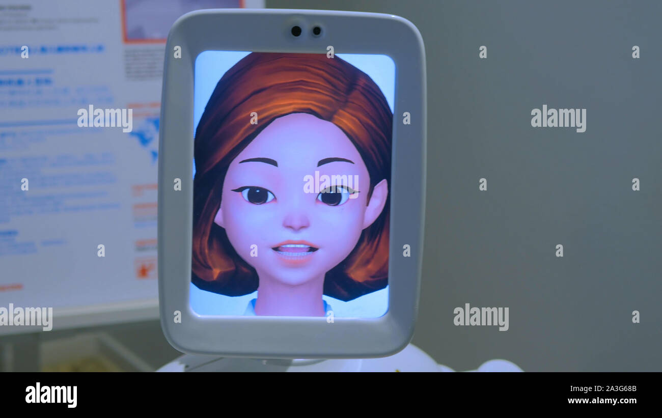 Robot with display tablet woman head Stock Photo - Alamy