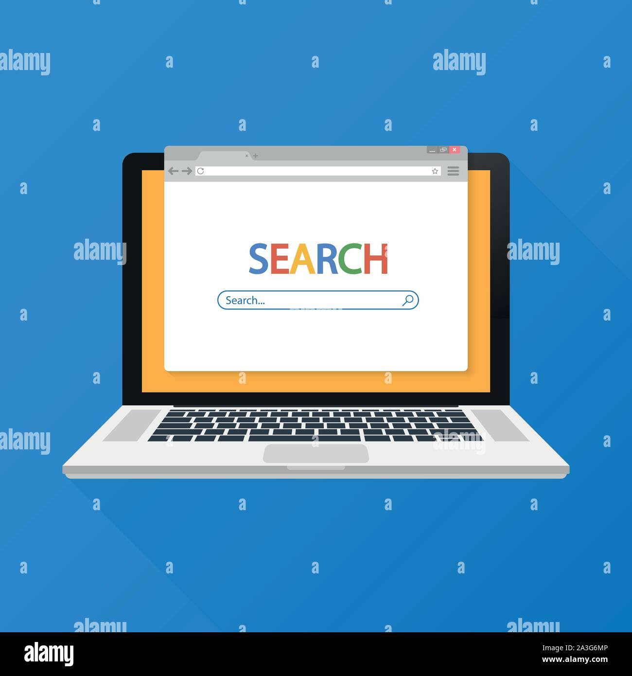 Simple browser window on laptop on blue background. Browser search ...