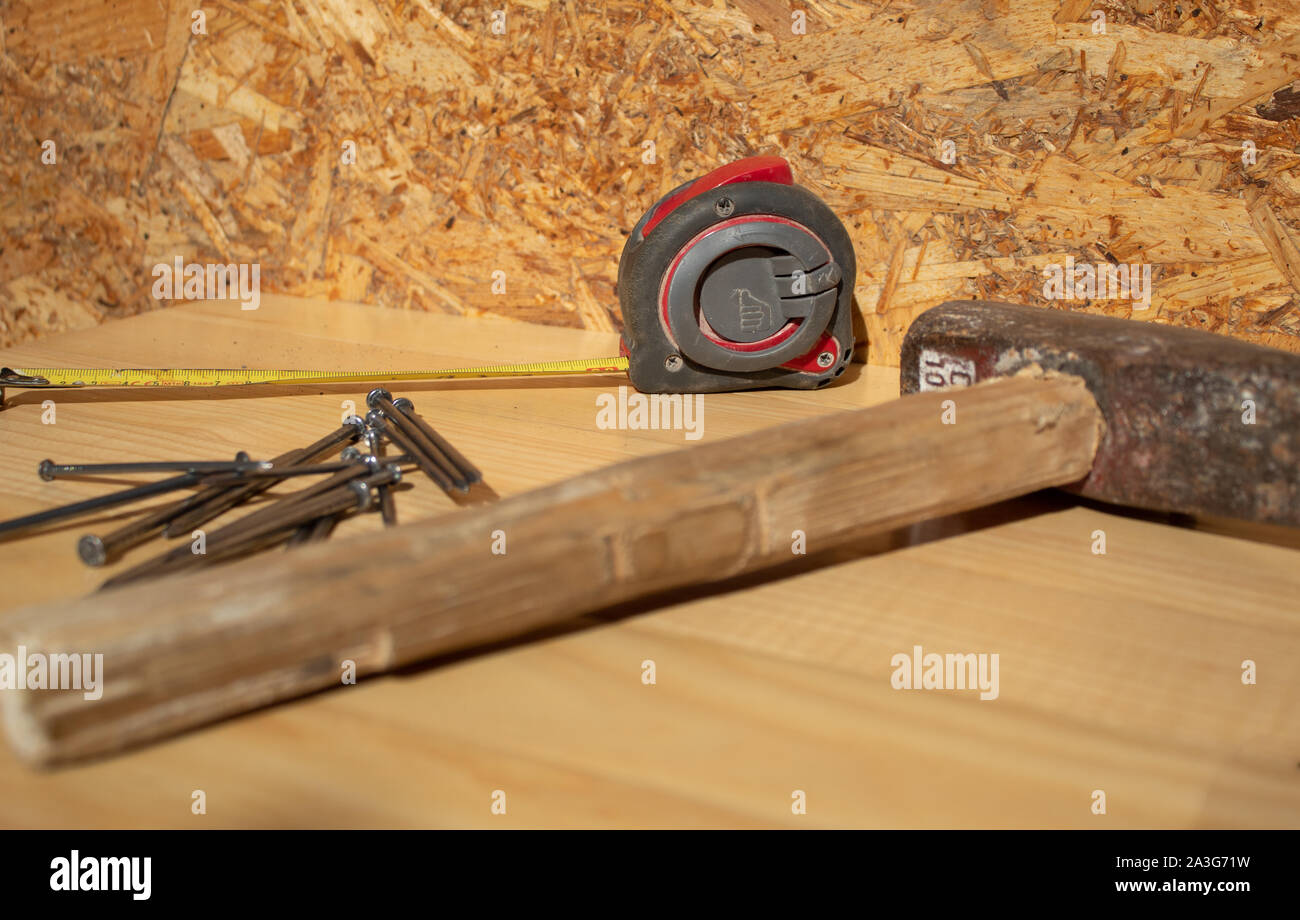 Hammer nails tape measure saw hi-res stock photography and images - Alamy