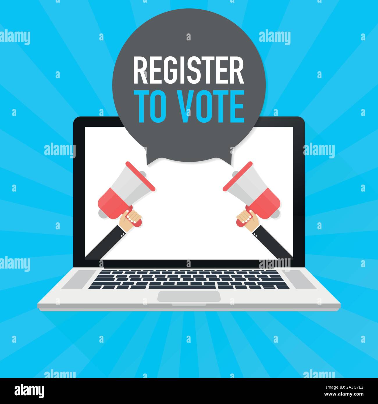 Laptop notebook computer screen. Hand holding megaphone. Register to ...