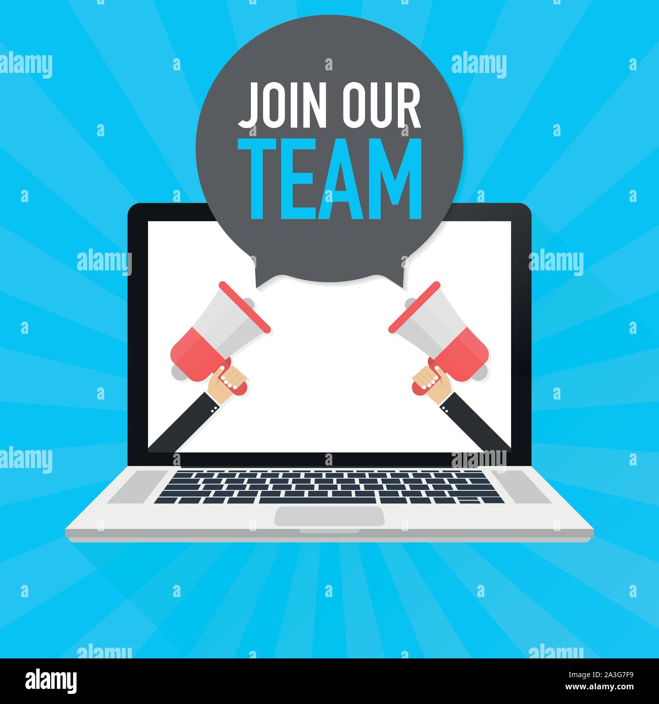 Laptop notebook computer screen. Hand holding megaphone. Join our team ...