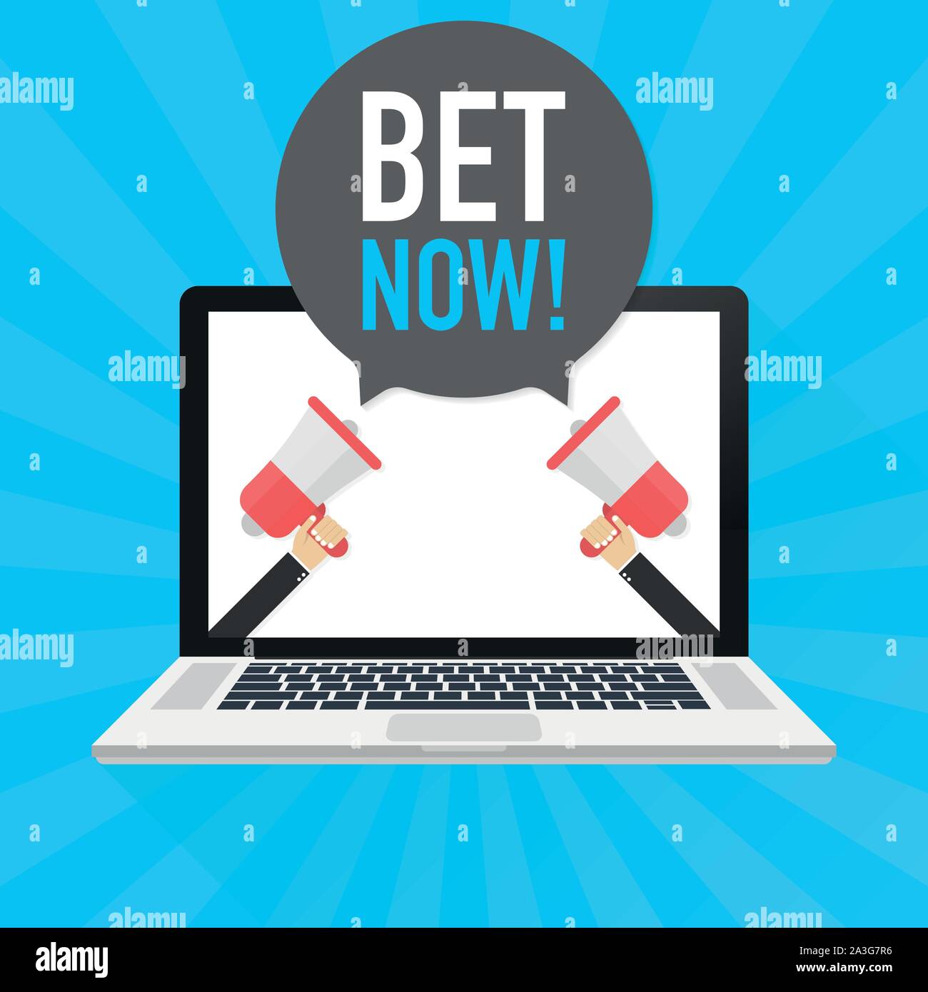 Laptop notebook computer screen. Hand holding megaphone. Bet now! text ...