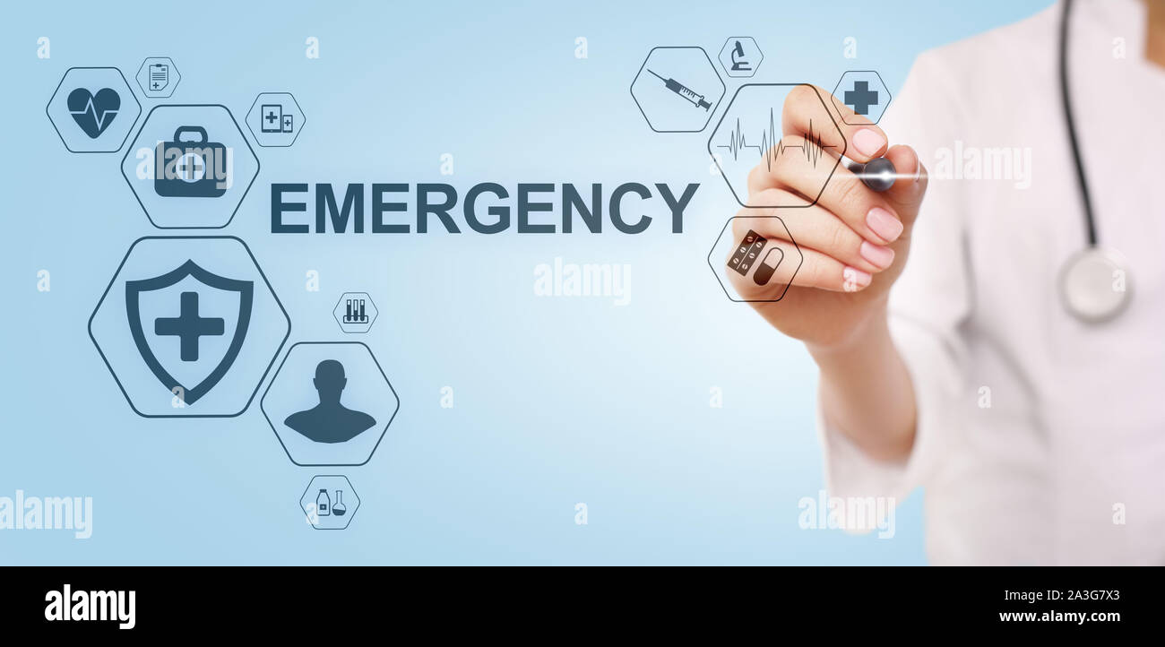Health Care Emergency concept on screen. Medical doctor using computer ...