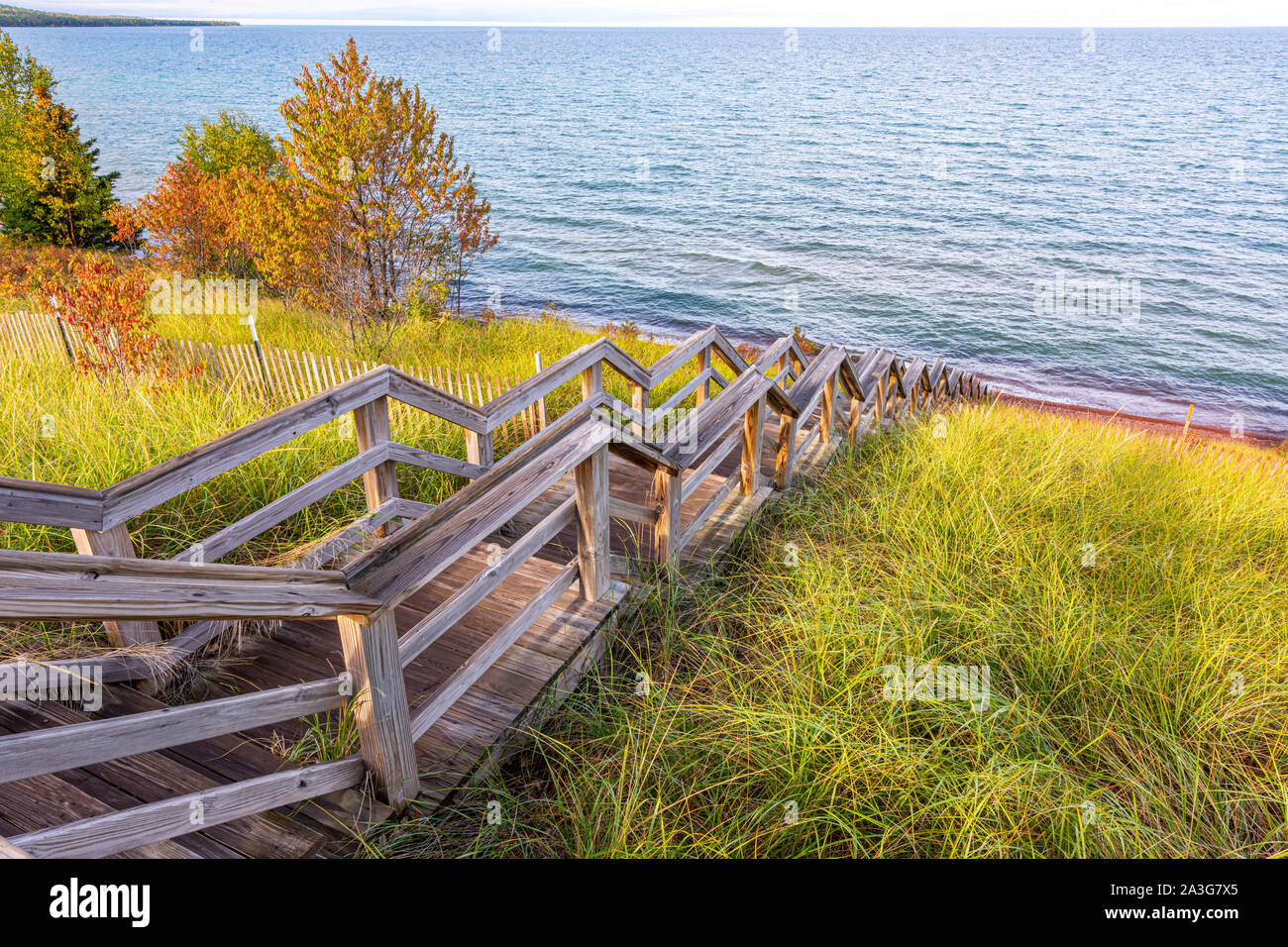 Wooden stairs leading to Lake Superior near Great Sand Bay in the Upper ...
