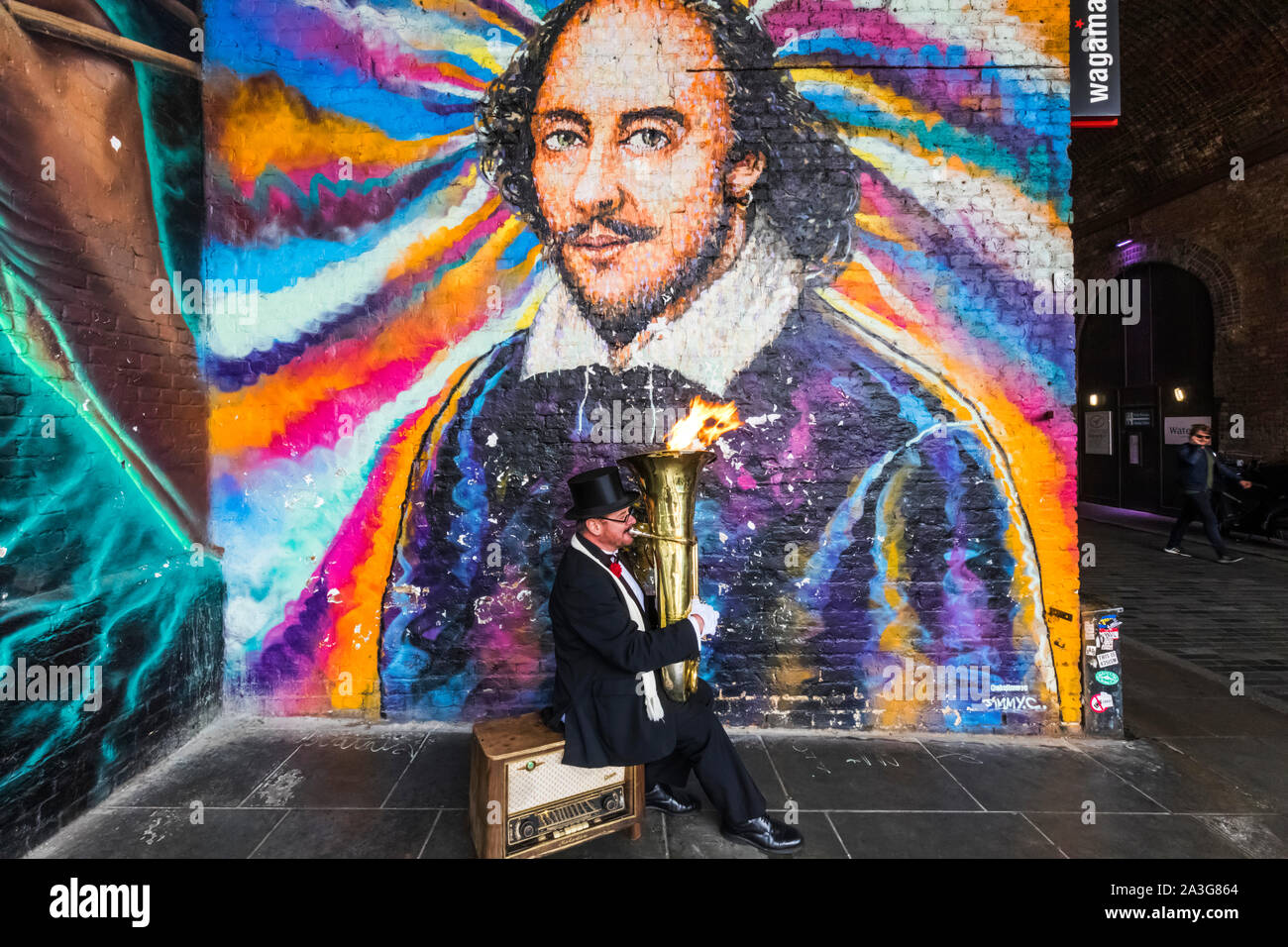 England, London, Southwark, Bankside, Street Musician Playing Fire ...