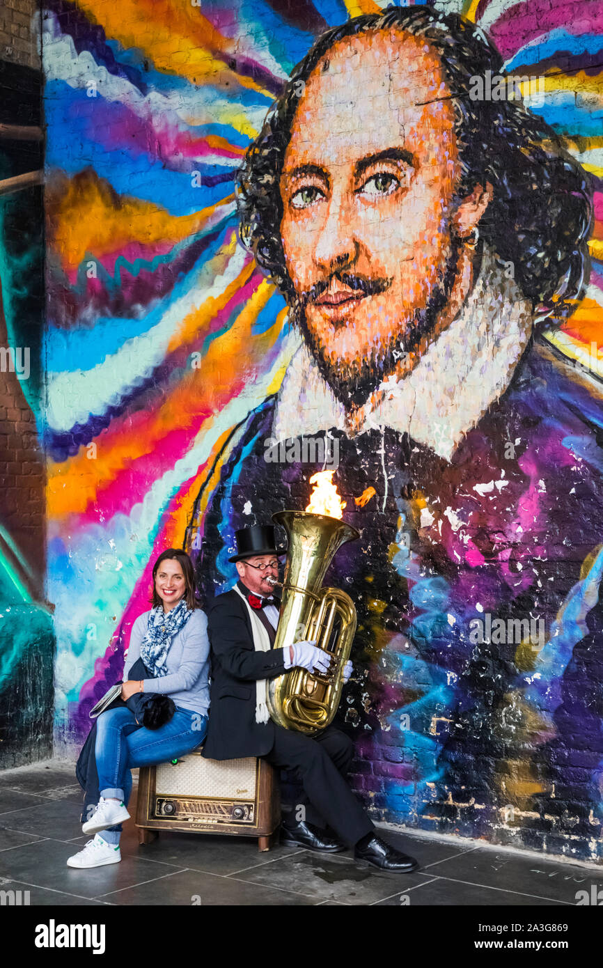 England, London, Southwark, Bankside, Tourist Posing with Street ...