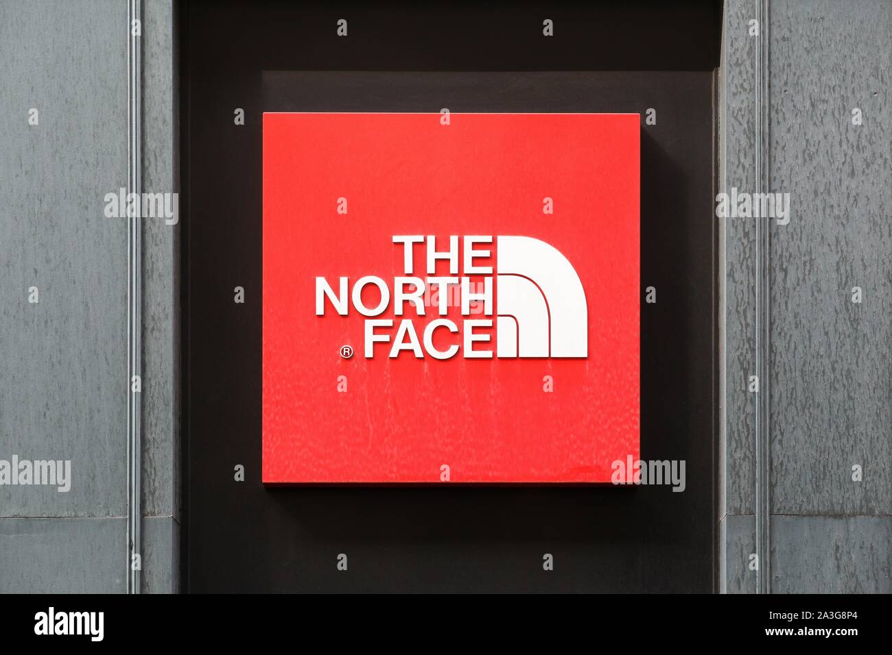 Lyon, France - September 5, 2019: The North Face logo on a facade. The ...