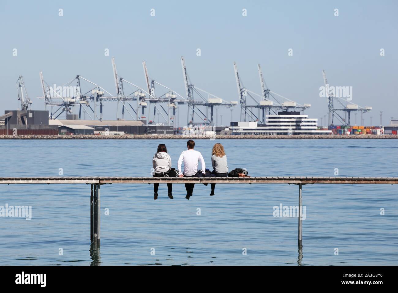 View of the industrial harbor of Aarhus from the infinity bridge ...