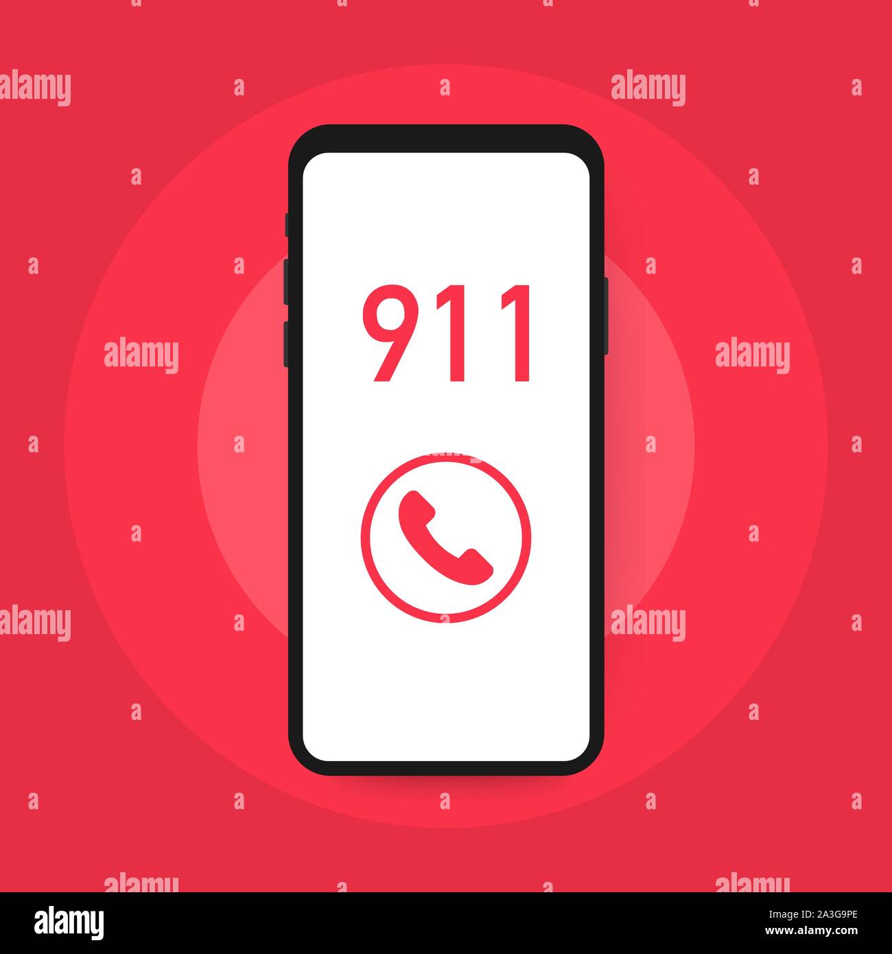 Call 911, emergency call concept. Hand holding smartphone, finger touching call button. Vector ...