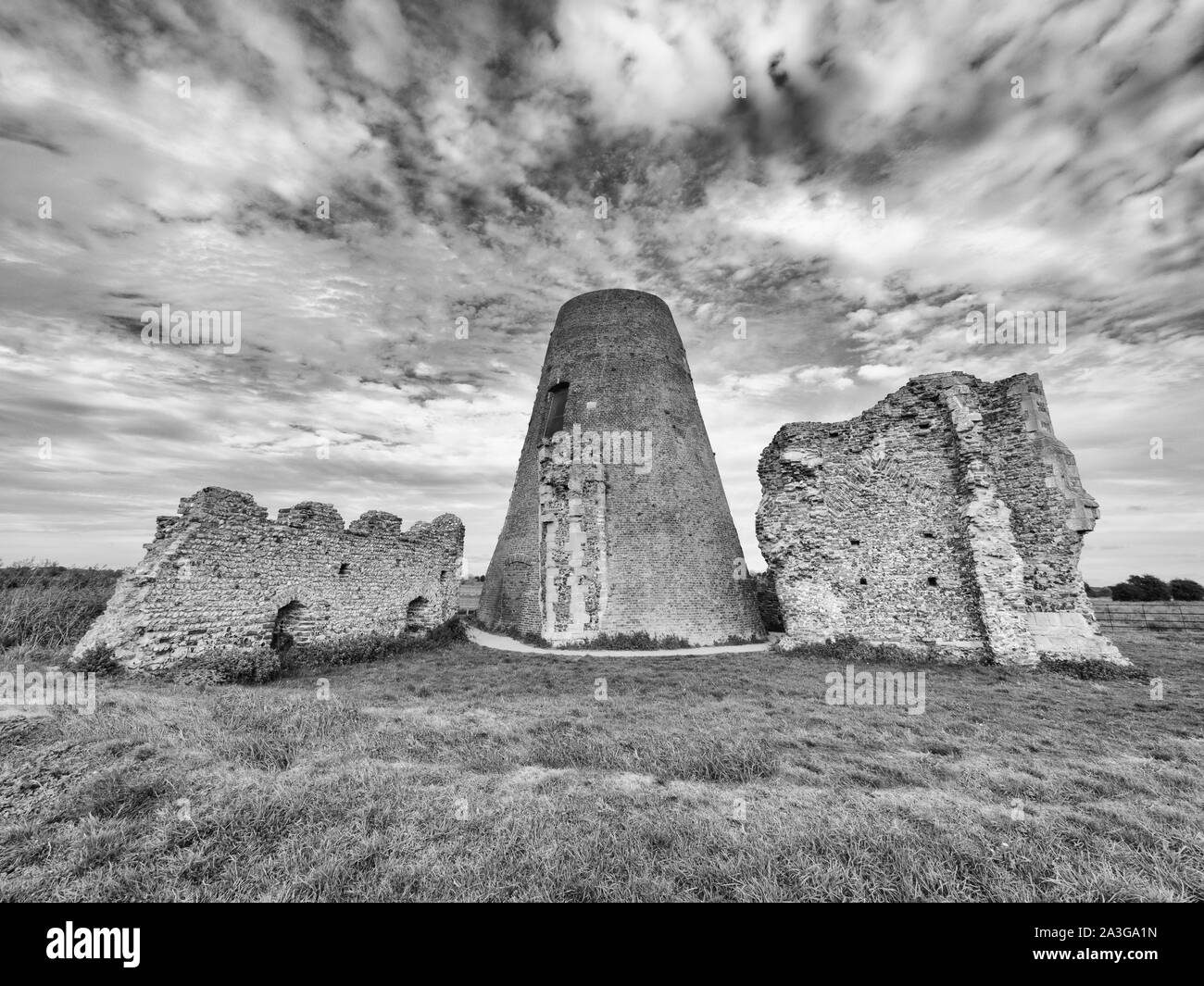 The ruins of the windmill tower in monochrome at the 9th cent site of ...