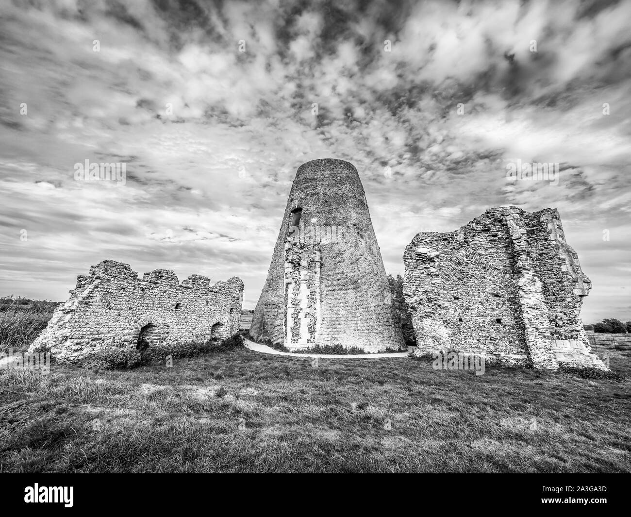 The ruins of the windmill tower in monochrome at the 9th cent site of ...
