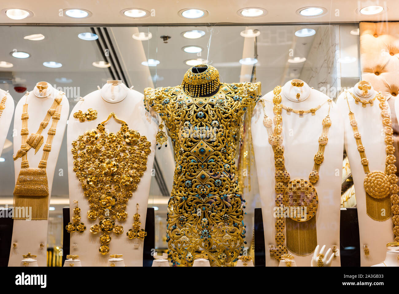 Gold jewelry in the window in a shop in the Gold Souk in Deira in Dubai ...