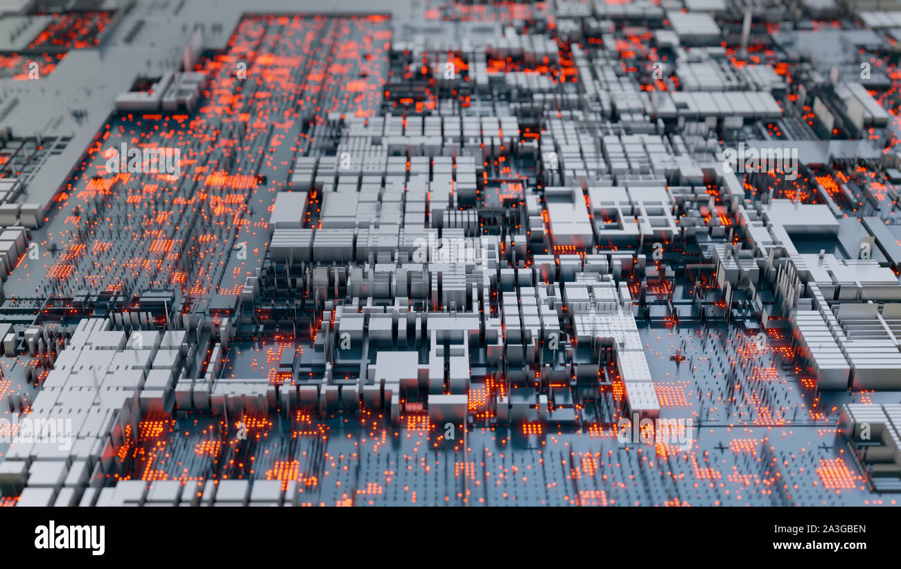 Abstract futuristic design. Tech wall with red bright elements. DOF ...
