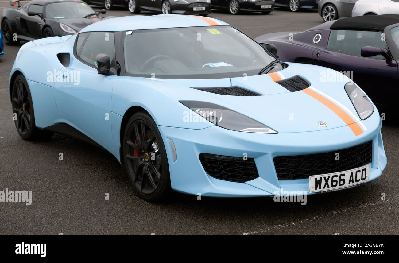 Three-quarter front view of a Blue, 2016, Lotus Evora 400, on display ...