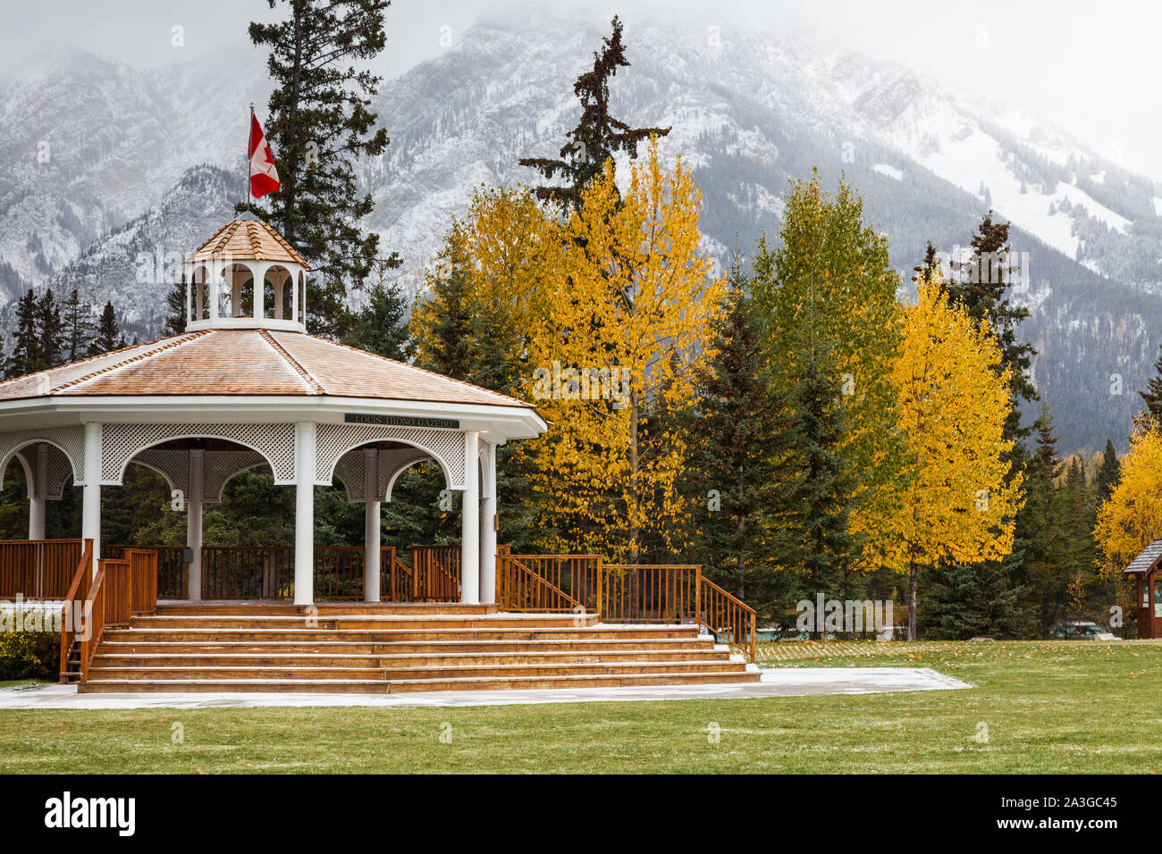 The Louis Trono Gazebo in a public park in the mountain town of Banff ...