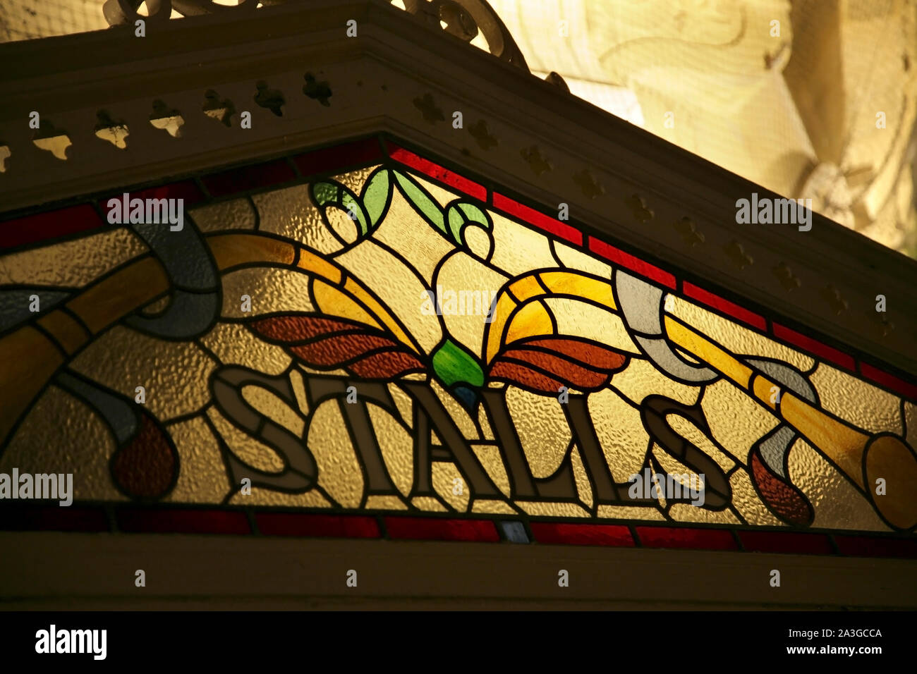 Stained glass "Stalls" sign at the Grand Theatre, Blackpool, UK Stock ...