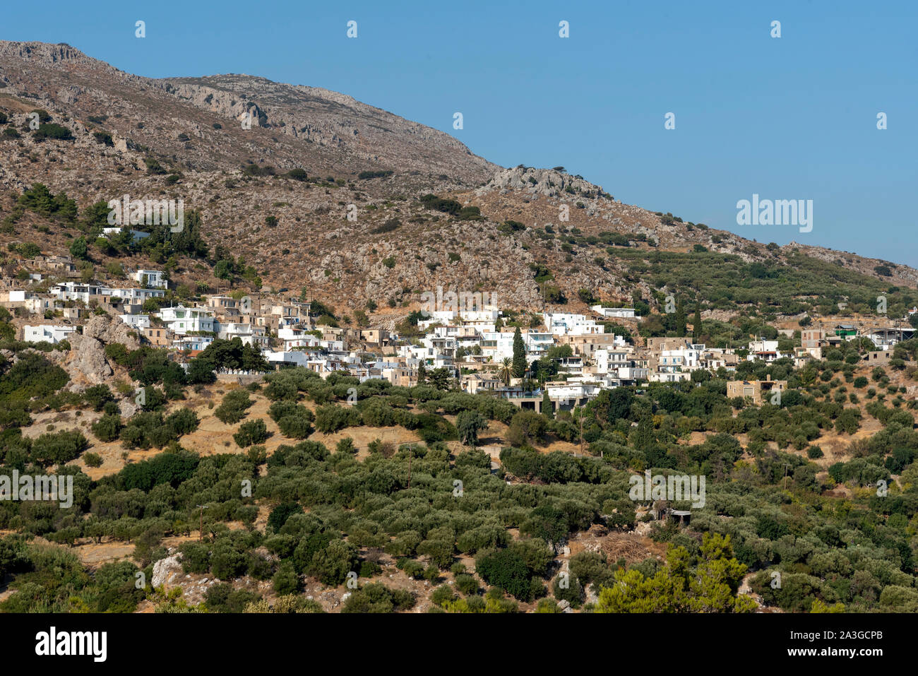 Mountain village of Pefki seen from Agios Stefanos road, Crete, Greece ...