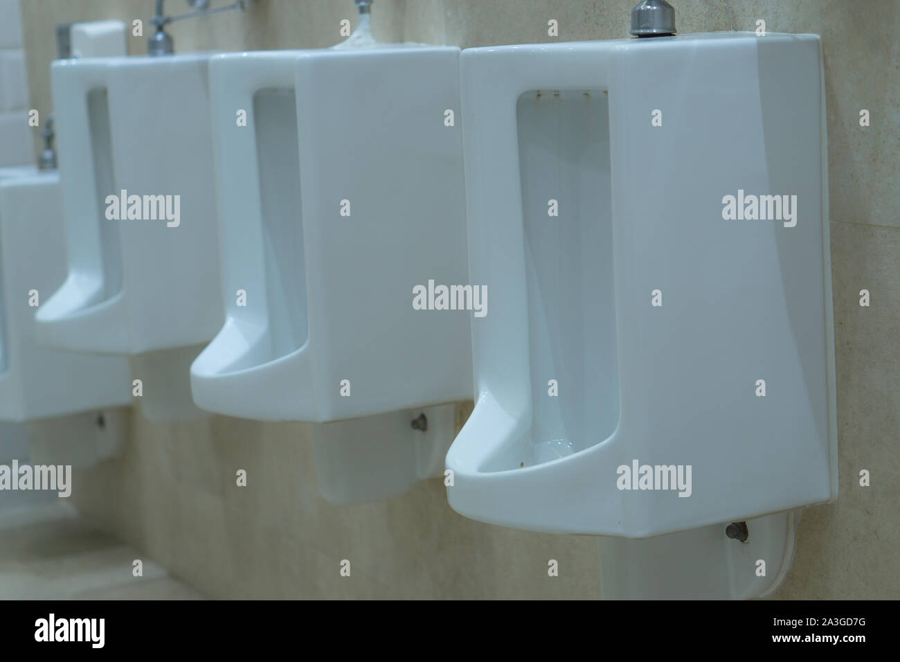 Men's room with white porcelain urinals in line. Comfort male toilet ...