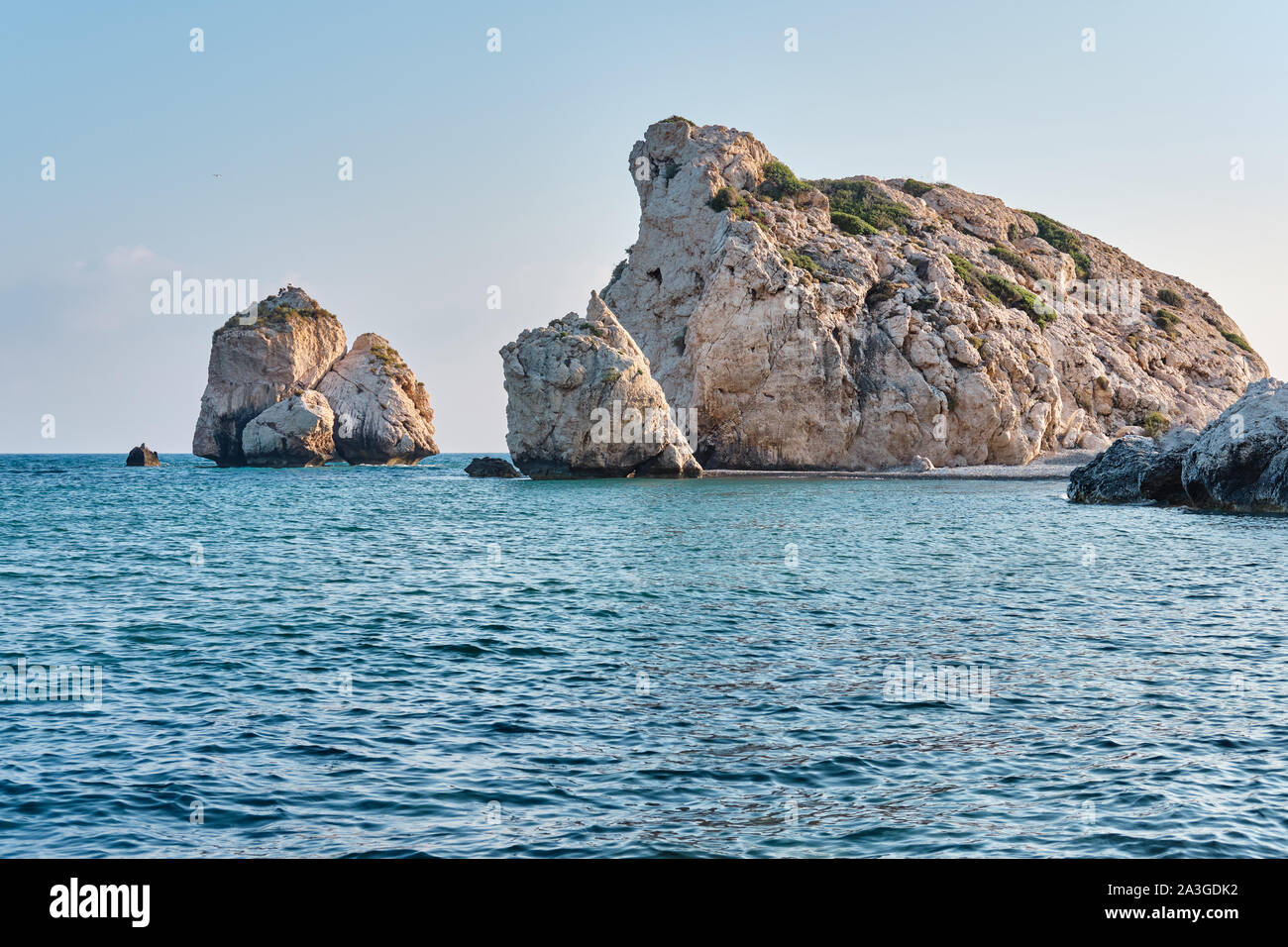 Wide aerial shot of Aphrodite's birthplace near Paphos city, Cyprus. A ...