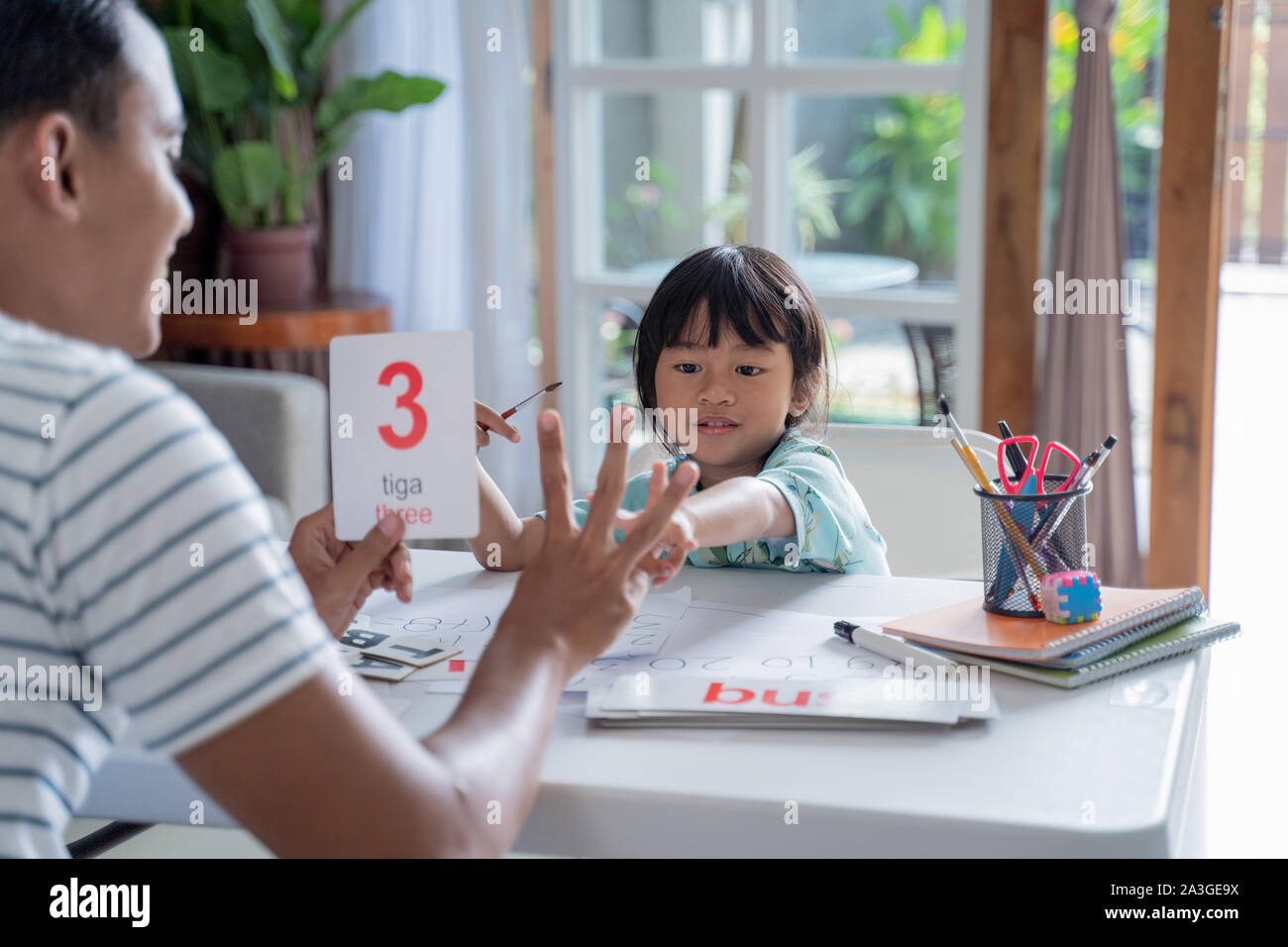 parent showing number on a flash card during studying at home Stock ...