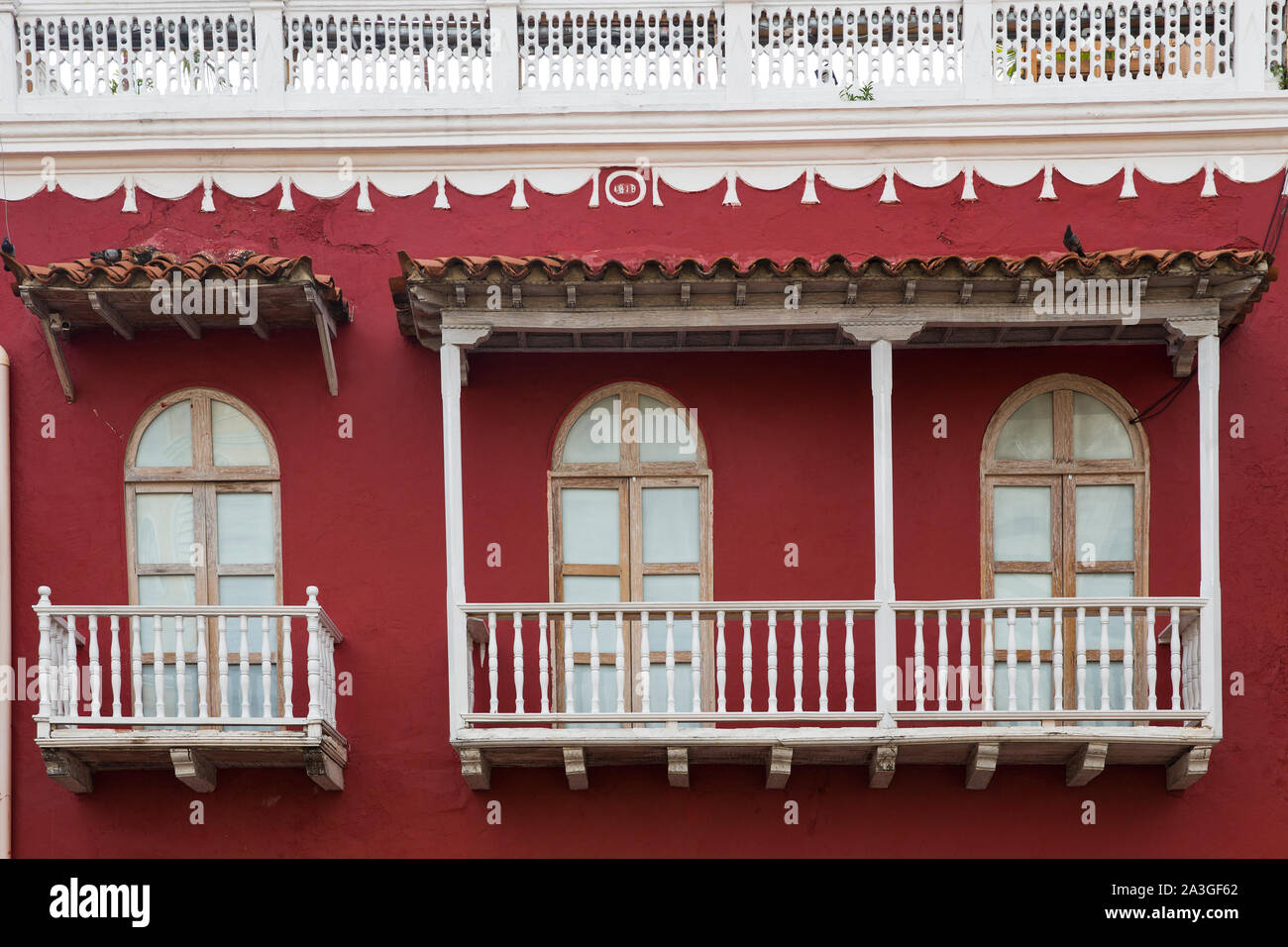 View at typical Latin American colonial window in Cartagena, Colombia ...