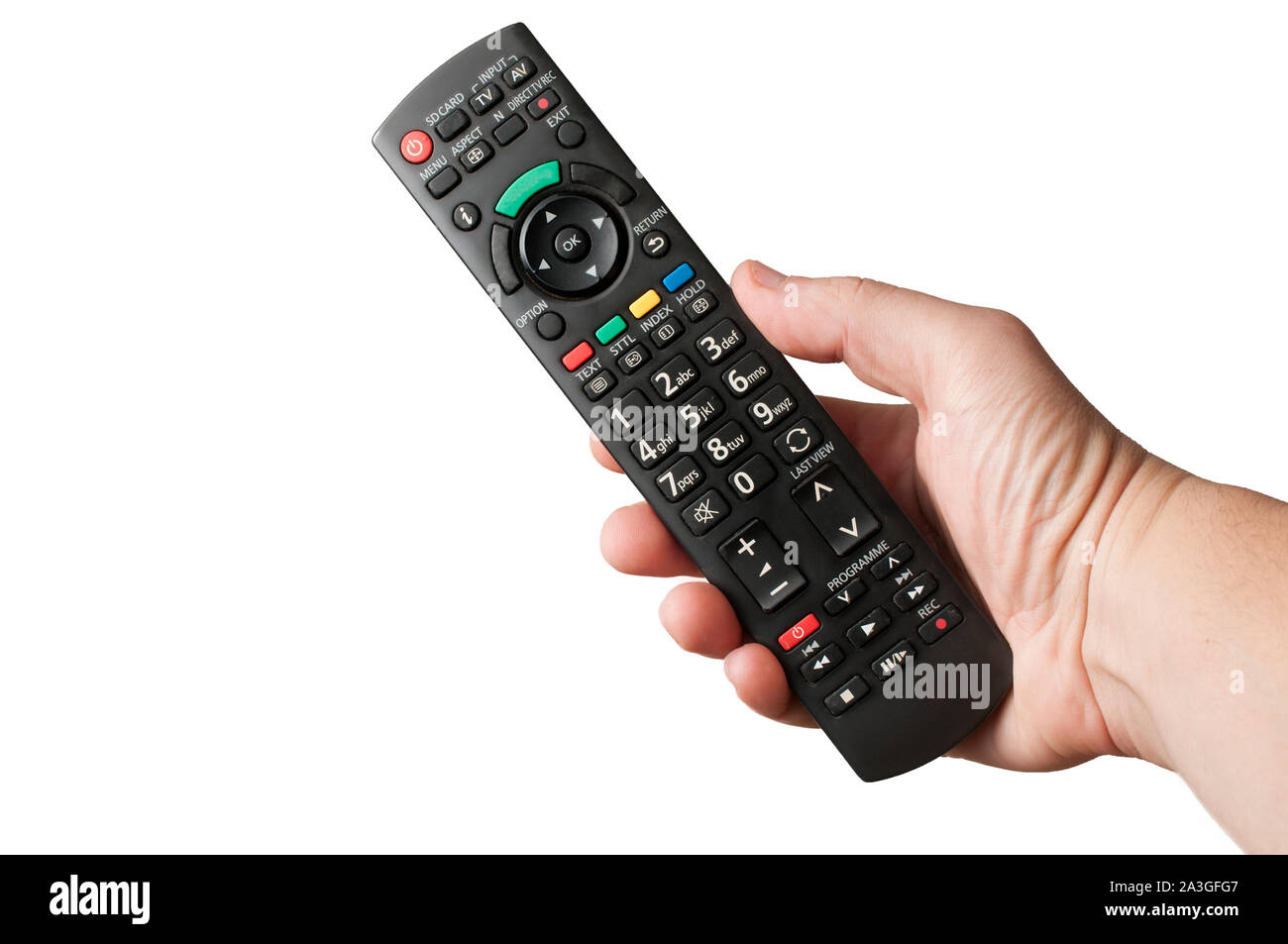 Hand hold a TV remote control on white background Stock Photo - Alamy