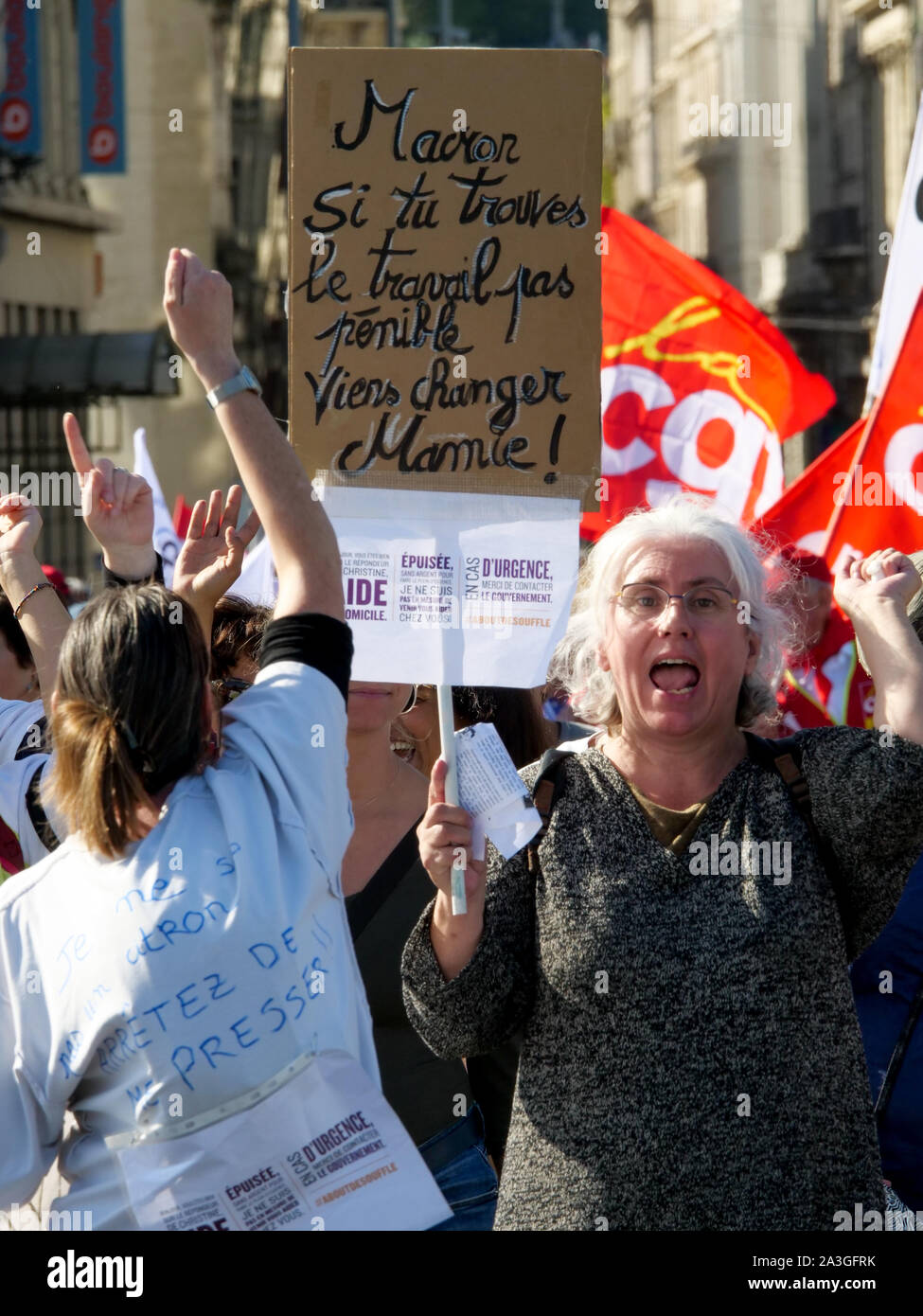 Care home operators protest against working conditions, Lyon, France ...