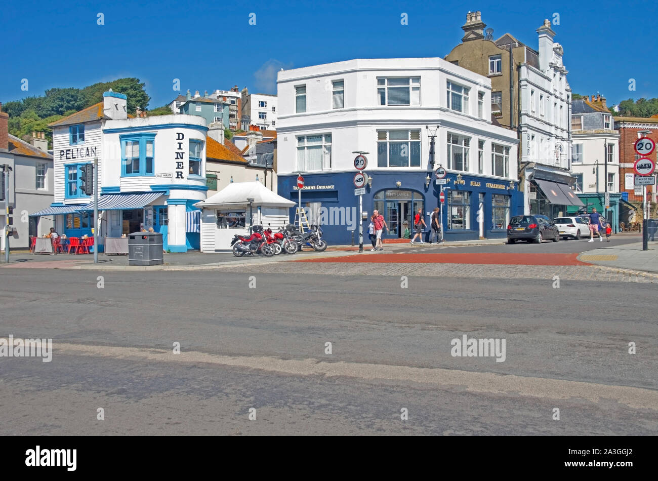 Hastings Pelican Cafe Two Bulls Stackhouse Front Stock Photo - Alamy
