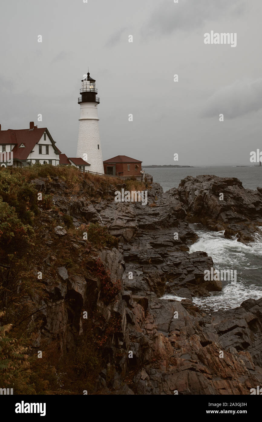 Portland Head Lighthouse on a cold and stormy Fall day in Cape ...