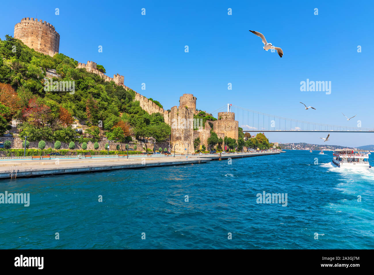 Rumeli Hisari castle, the Bosphorus and the Fatih Sultan Mehmet Bridge ...