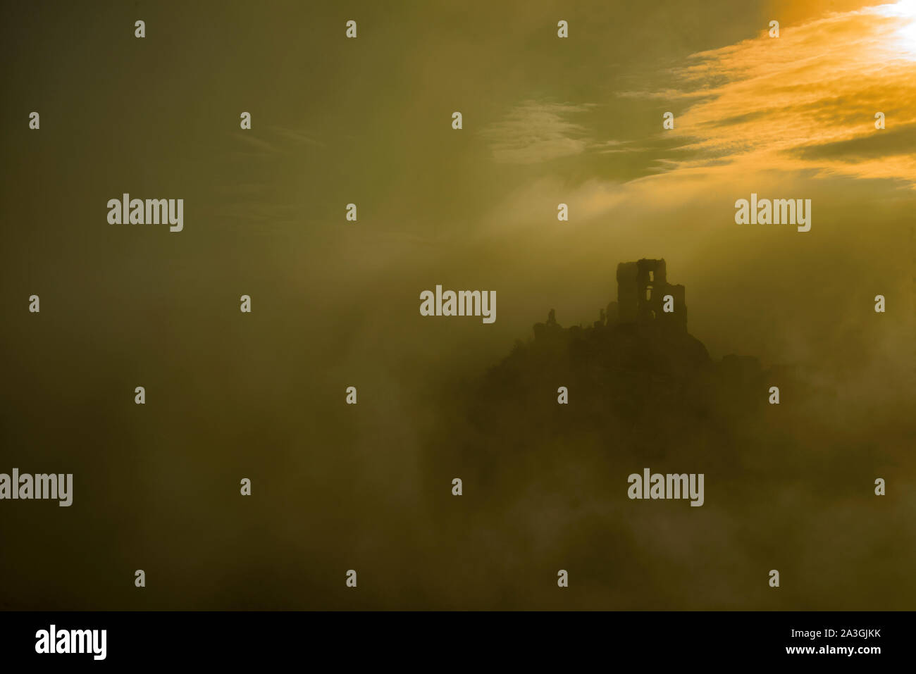 Corfe Castle during mist at sunrise,Corfe, Dorset, Uk Stock Photo - Alamy