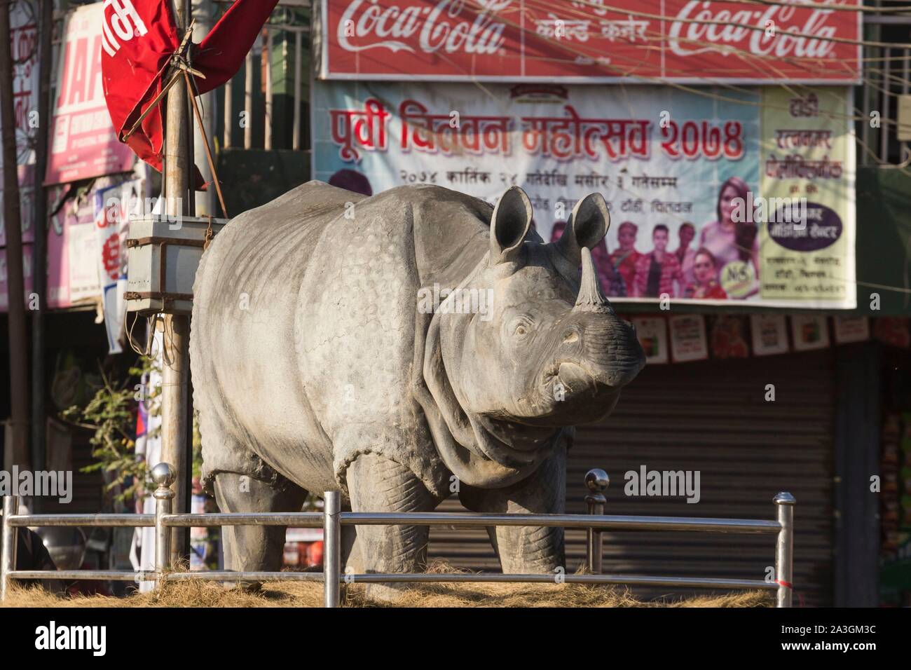 Nepal, Chitwan, Ratnanagar, rhino statue, the Greater One-horned Rhino ...