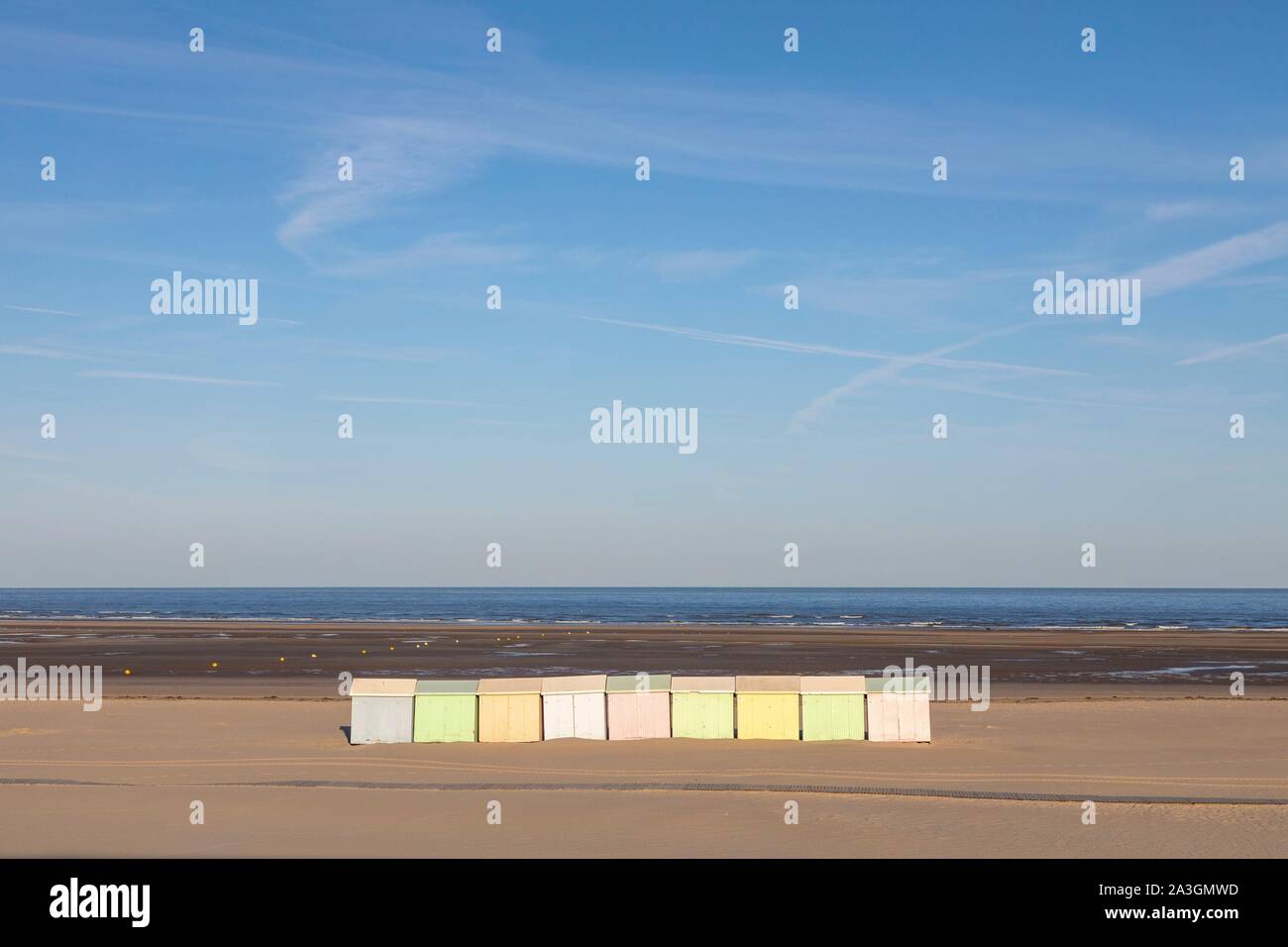 France, Pas de Calais, Berck sur Mer, the beach with beach huts Stock ...