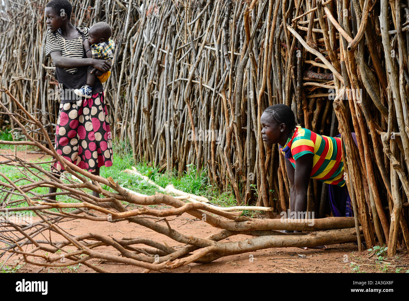 UGANDA, Karamoja, Kaabong, Karamojong tribe, Lochom village, woman with ...