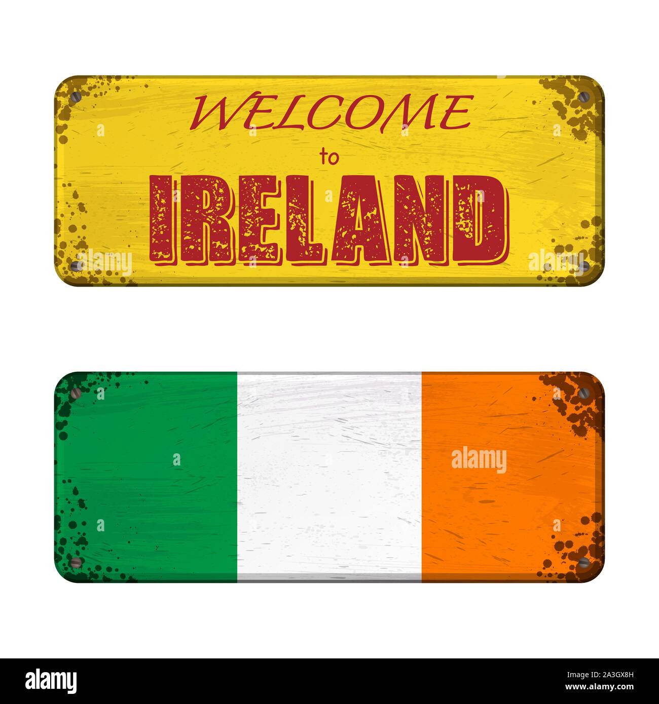 Two grunge Ireland old nameplate frames isolated on white background ...