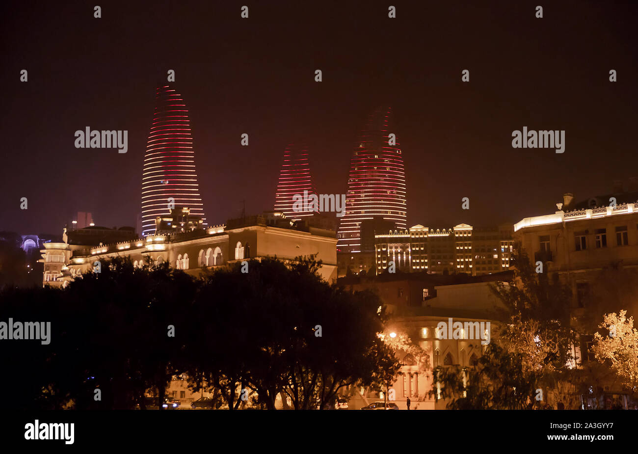 Night view of Baku with skyscrapers of the Flame Towers . It is the ...