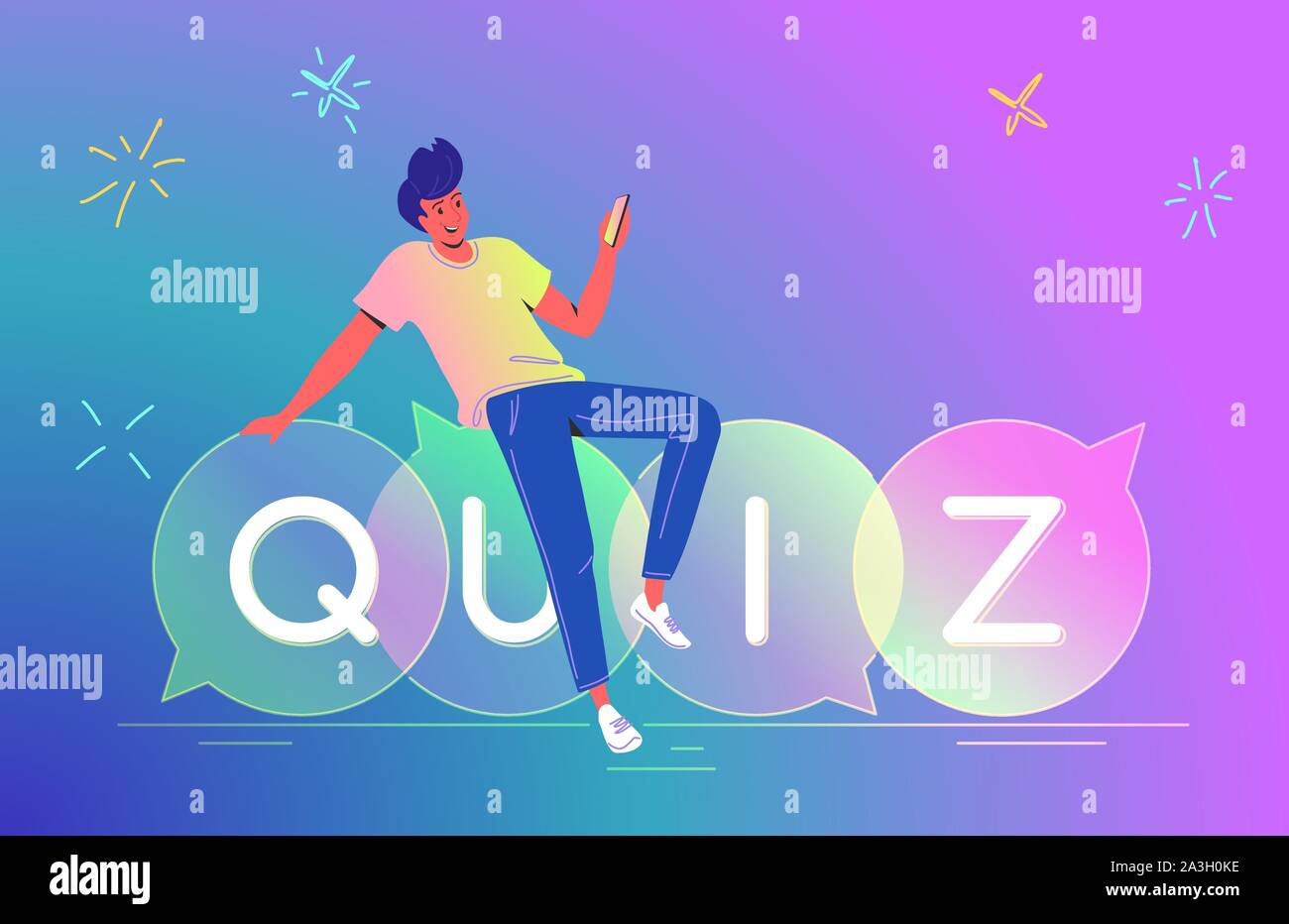 Man playing quiz with smartphone mobile app concept vector illustration ...