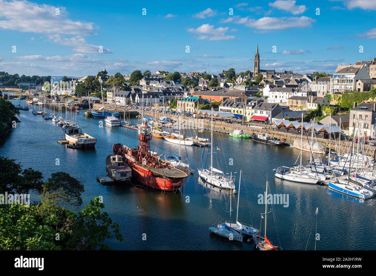France, Finistere, Douarnenez, Port-Rhu and Sacred Heart church in the ...