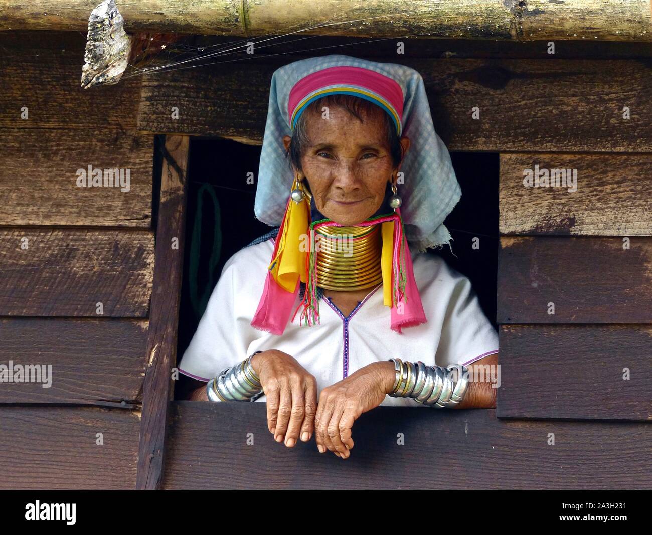 Myanmar, Kayah State, Loikaw, portrait of Kayan (padaung) long-neck ...
