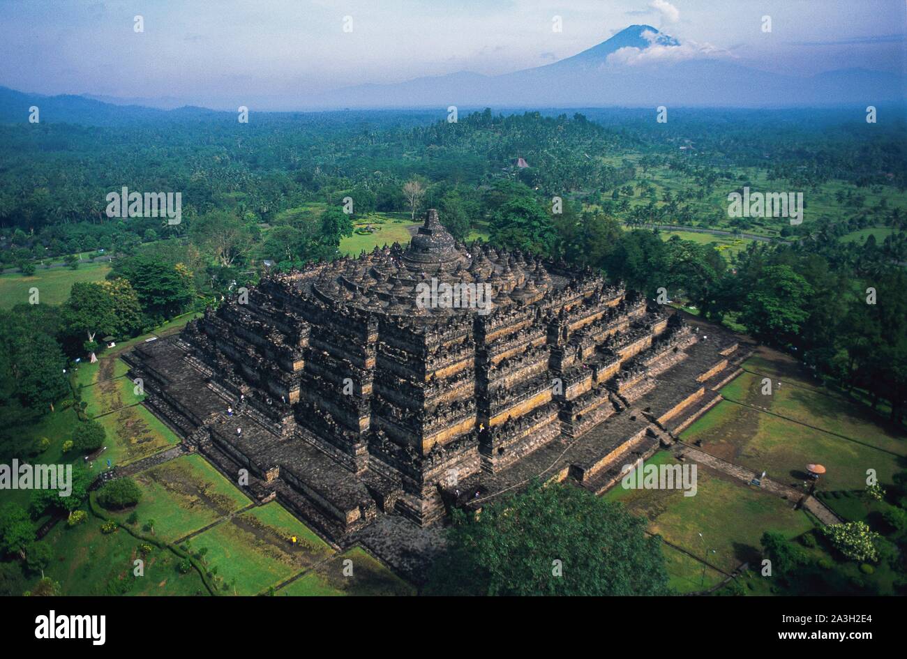 Indonesia, Central Java, Borobudur Buddhist Temple from above (aerial ...