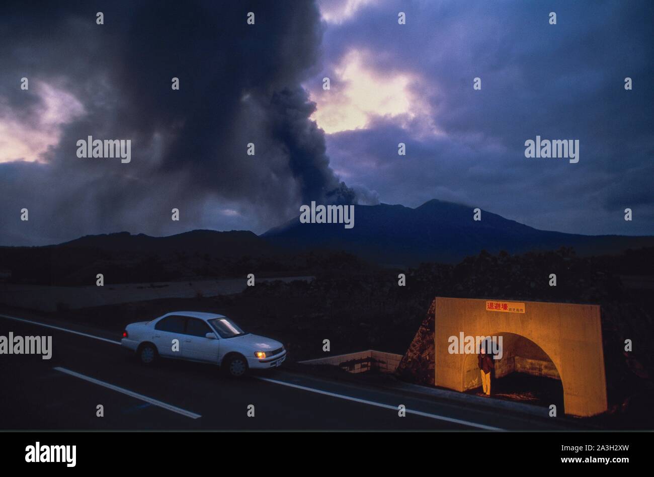 Japan, Kyushu, Kagoshima, Many shelters were built on the roads around ...