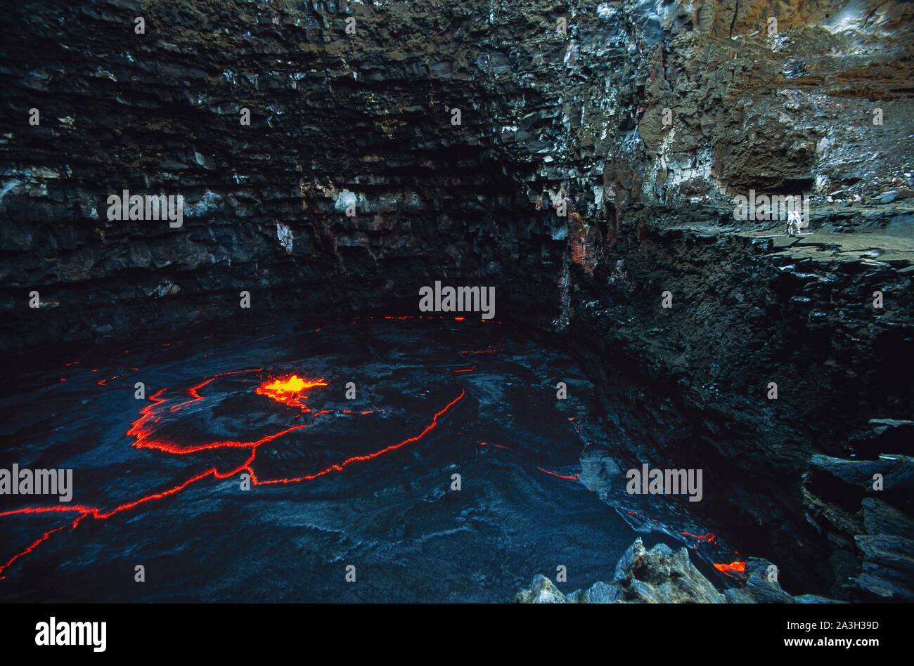 Ethiopia, Danakil Desert, Volcanologists conduct lava sampling in Erta ...