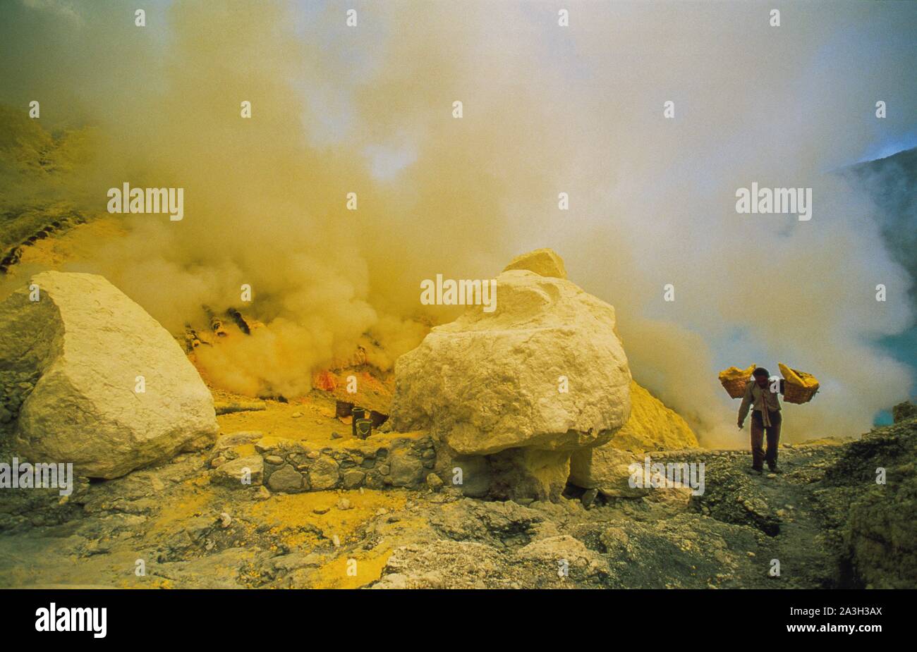 Indonesia, Java, Volcano Kawah Ijen, sulfur harvest produced every ...