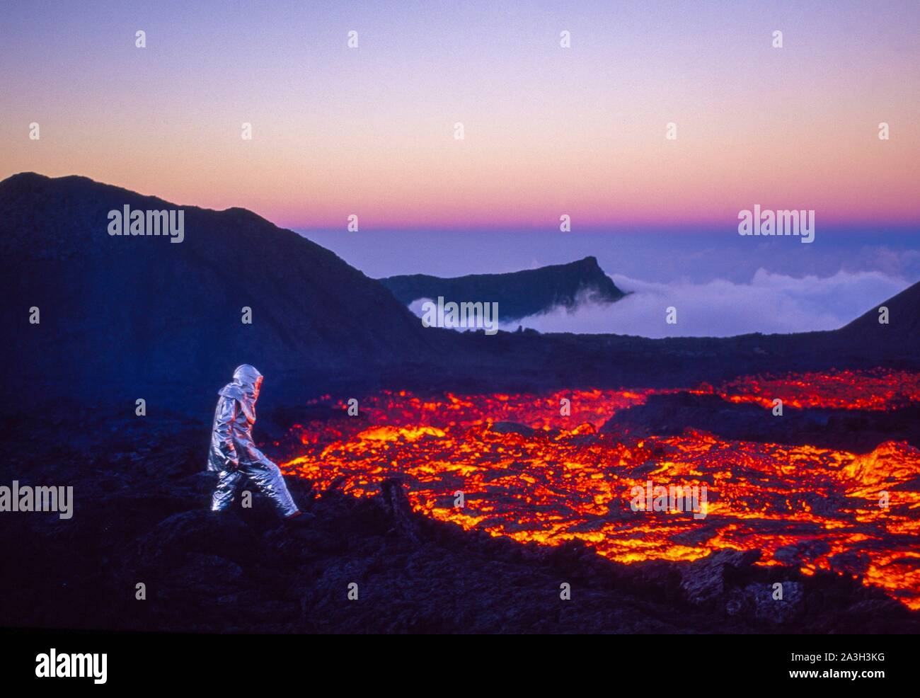 France, Reunion Island, Piton Volcano of la Fournaise, Lava Sampling on ...