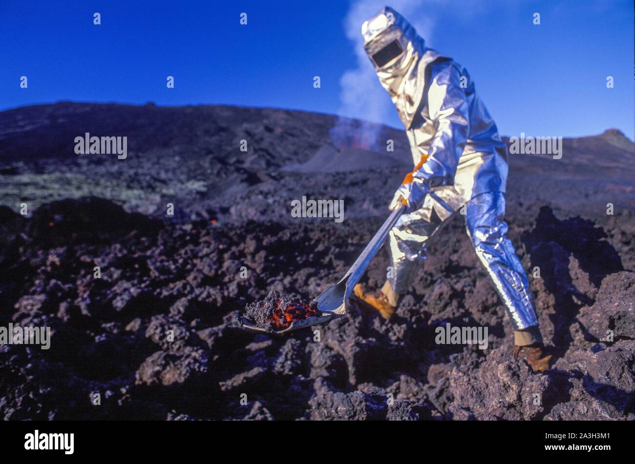 France, Reunion Island, Piton Volcano of la Fournaise, Lava Sampling on ...