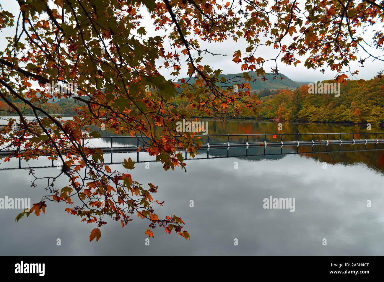 Beautiful Autumn/Fall landscape with perfect reflections in lake/loch ...