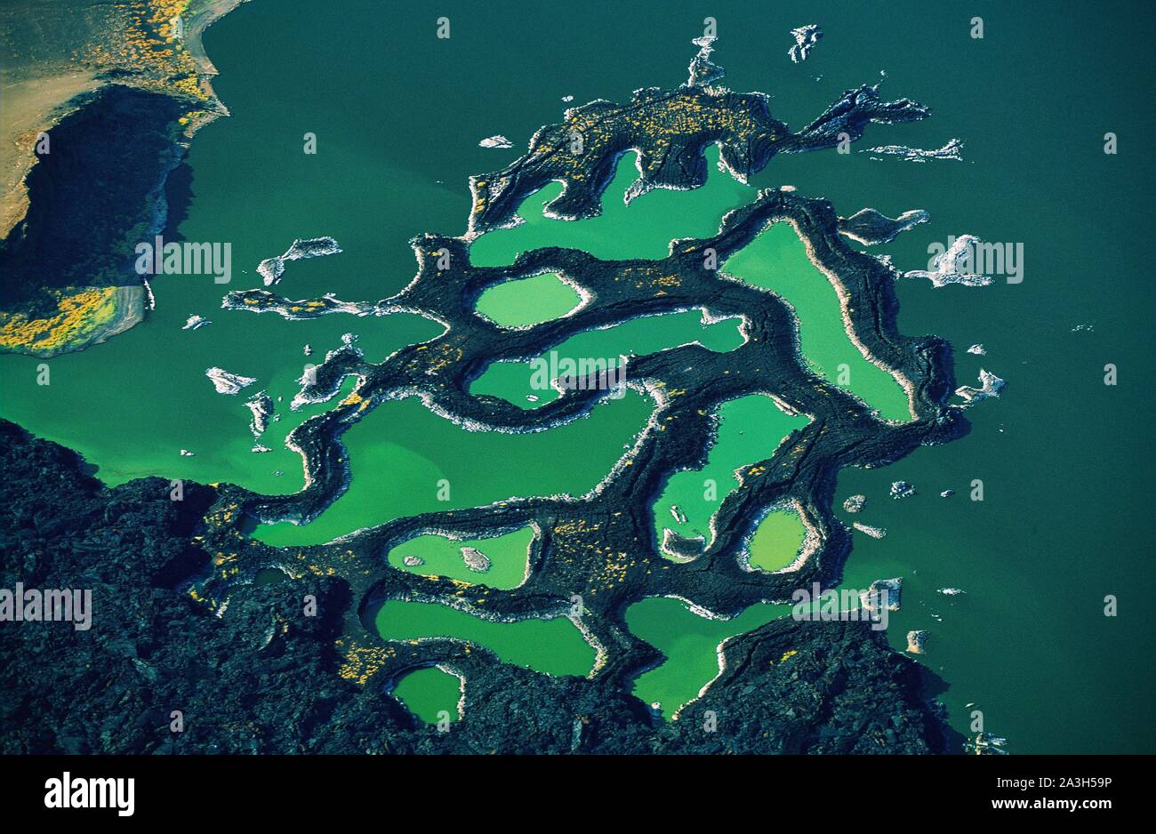 Kenya, Turkana, Acid pool in lava basins south of Lake Turkana seen ...