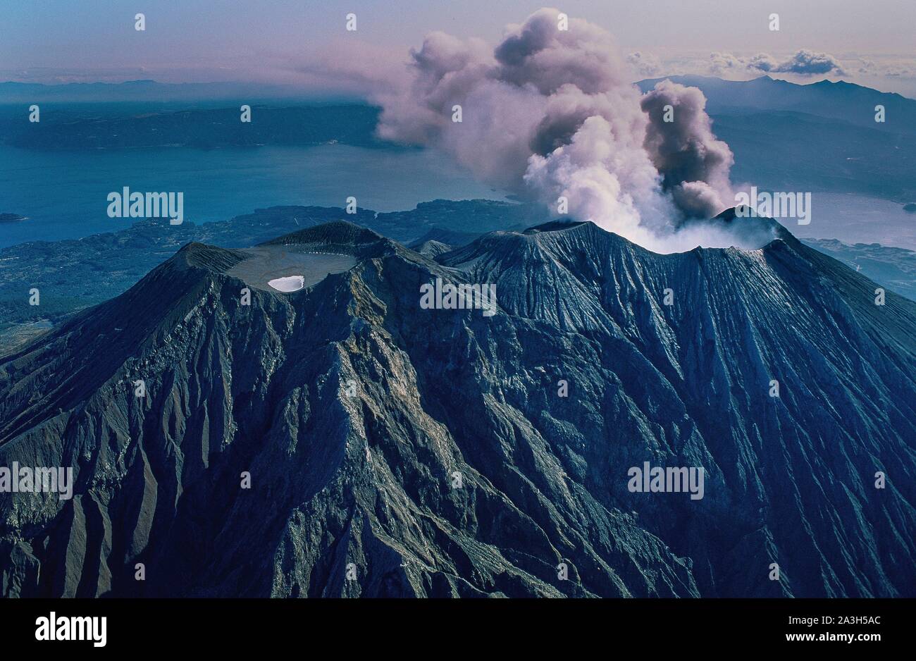 Japan, Kyushu, Kagoshima, Sakurajima Volcano seen from the sky (aerial ...