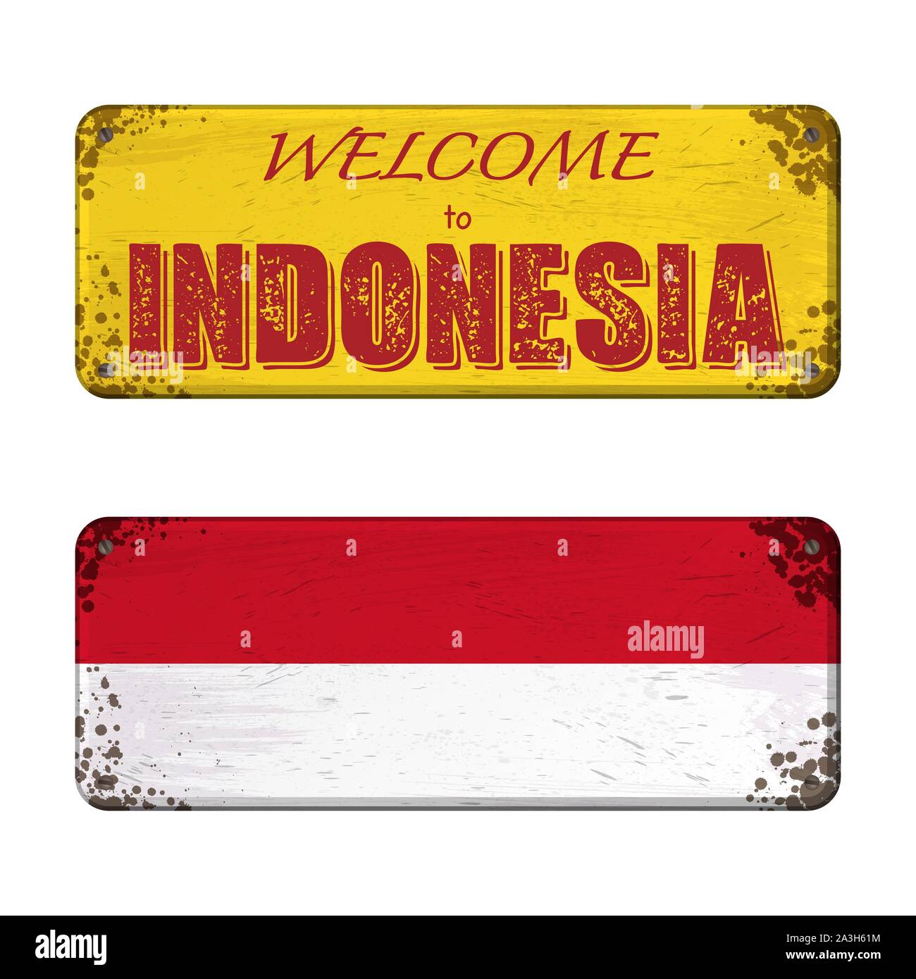 Two grunge old nameplates with Indonesia flag and text isolated on ...