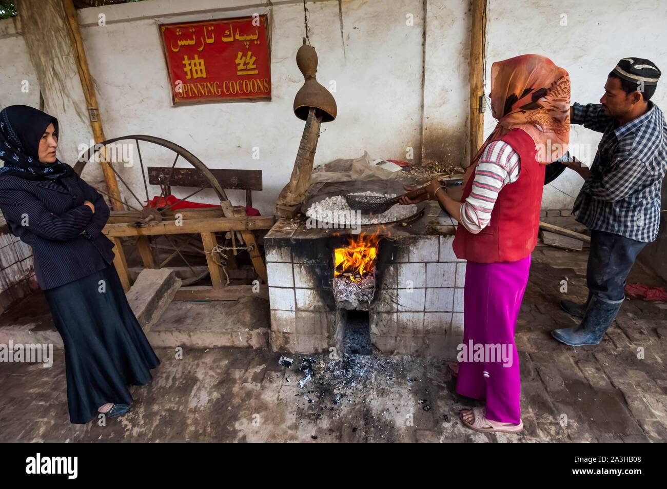 China, Xinjiang autonomous region, Hotan, traditional workshop for silk ...